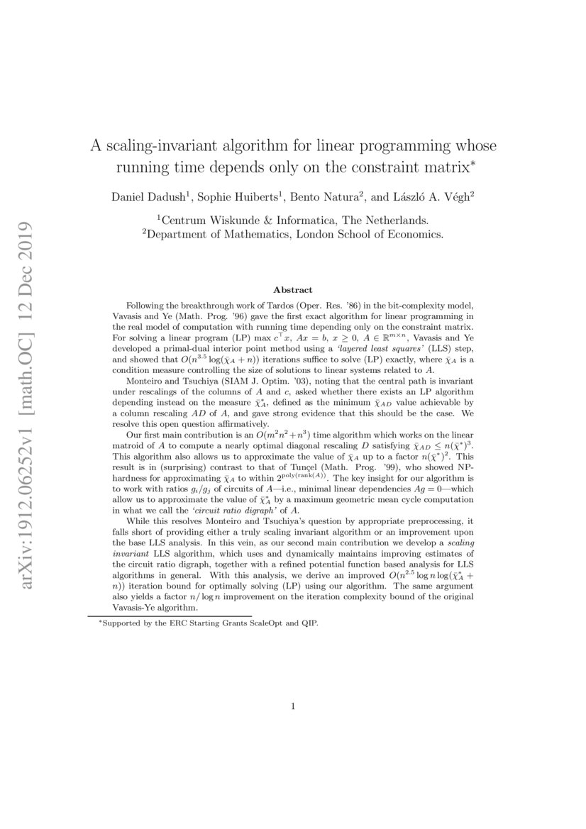 A Scaling Invariant Algorithm For Linear Programming Whose Running Time Depends Only On The