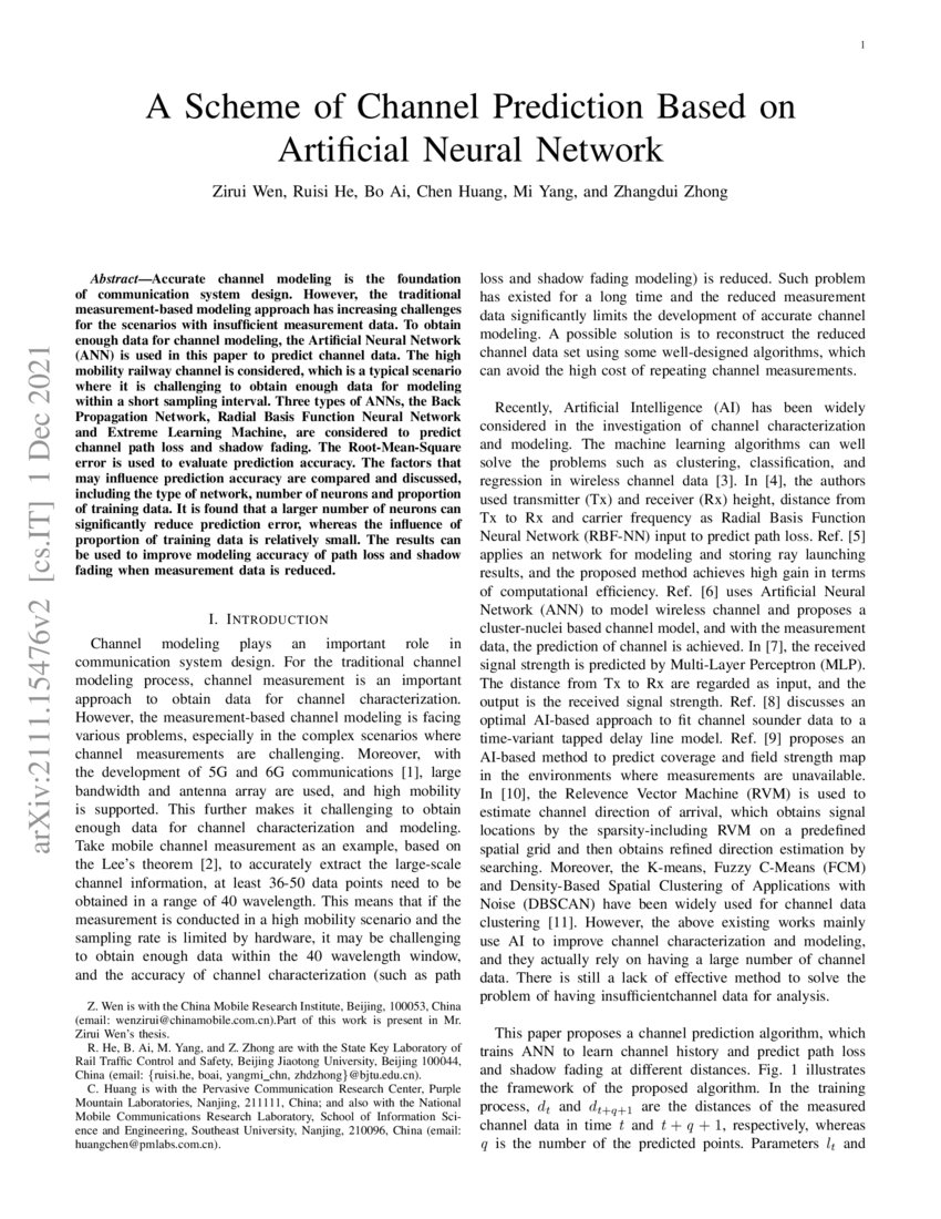 A Scheme of Channel Prediction Based on Artificial Neural Network | DeepAI