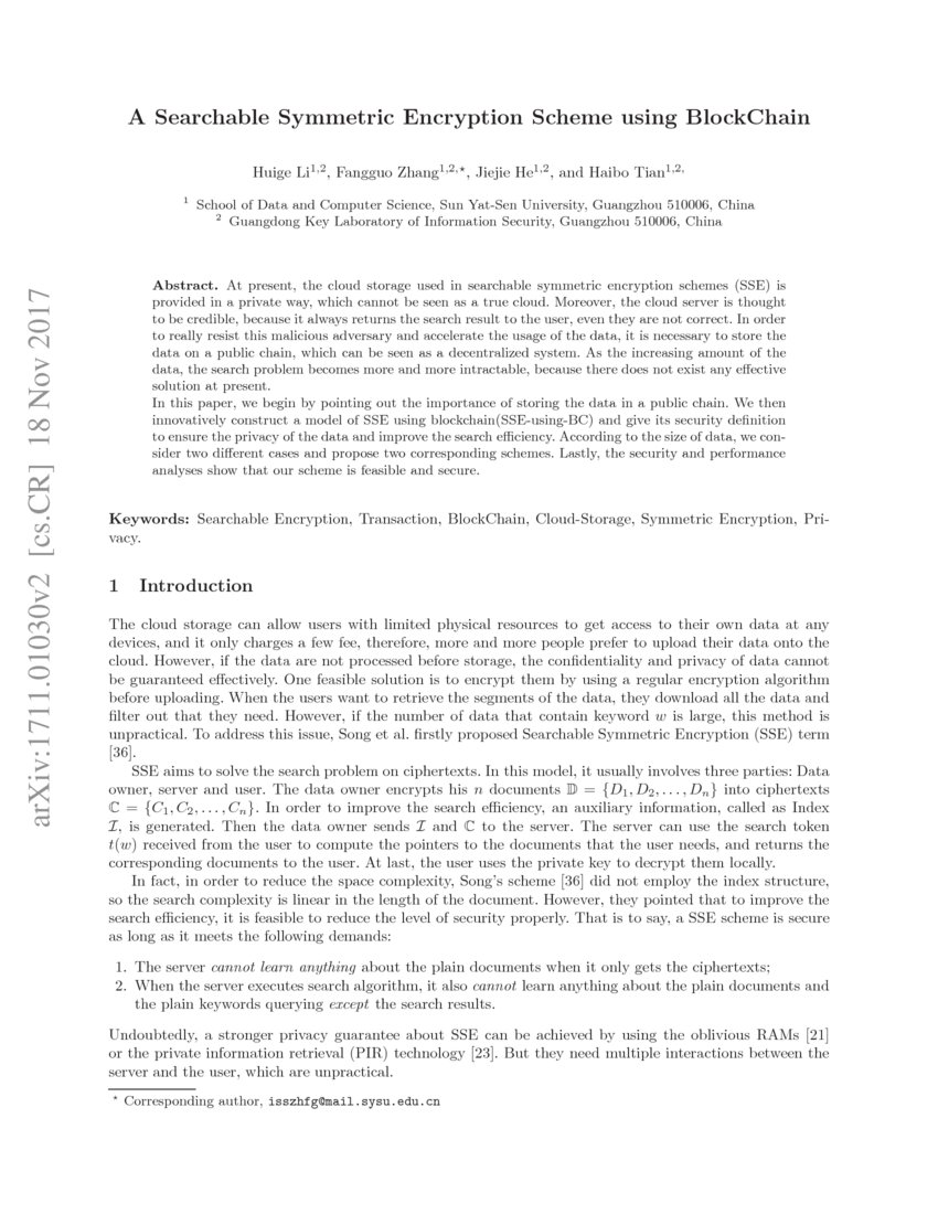 A Searchable Symmetric Encryption Scheme Using Blockchain Deepai 7583