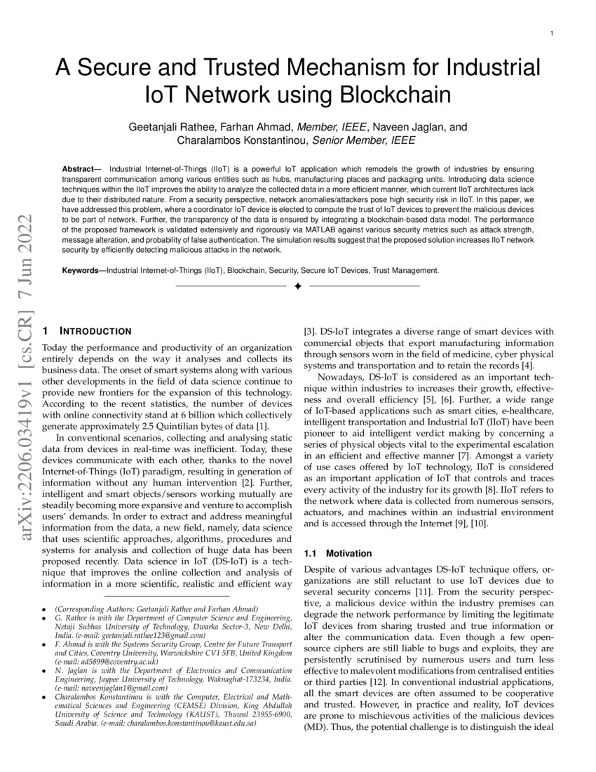 A Secure and Trusted Mechanism for Industrial IoT Network using Blockchain | DeepAI