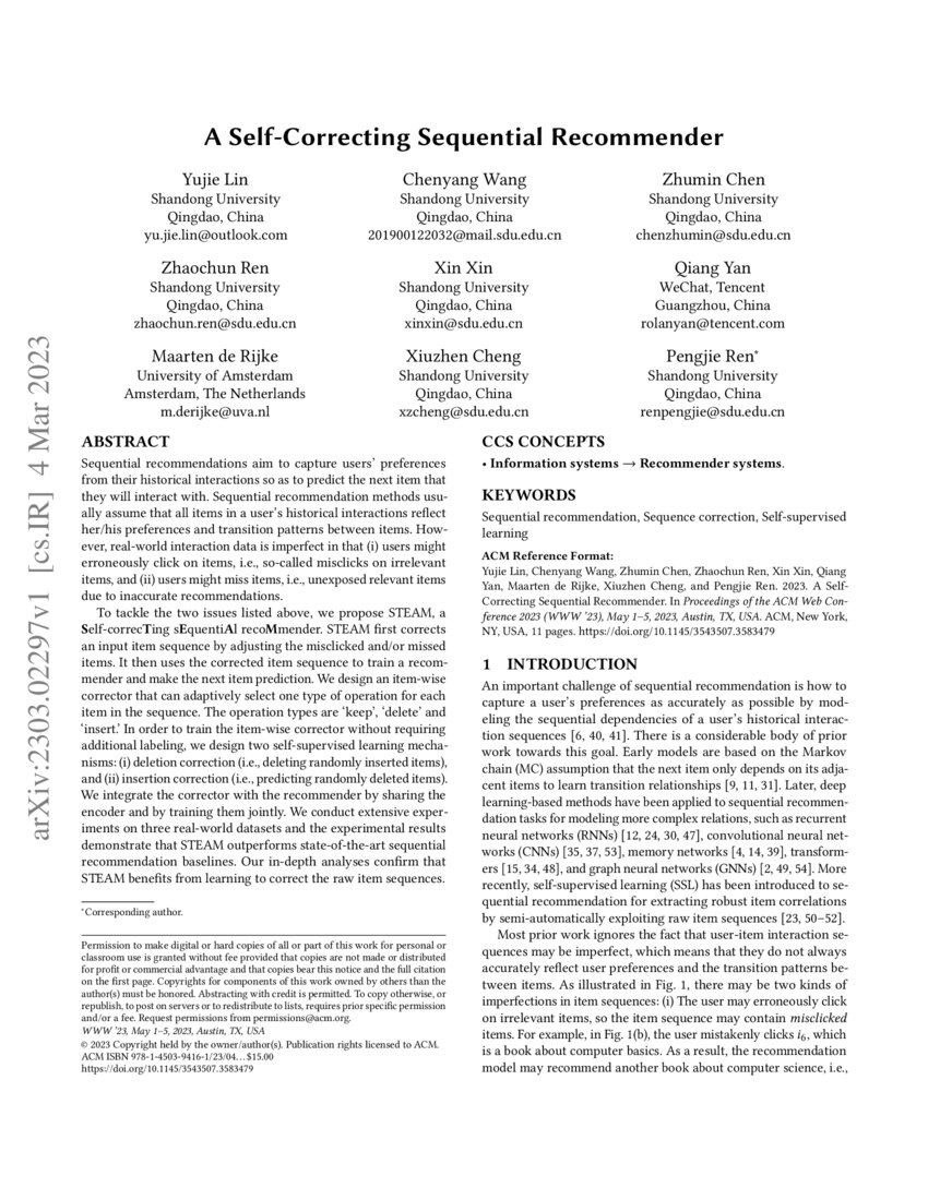 A Self Correcting Sequential Recommender Deepai 