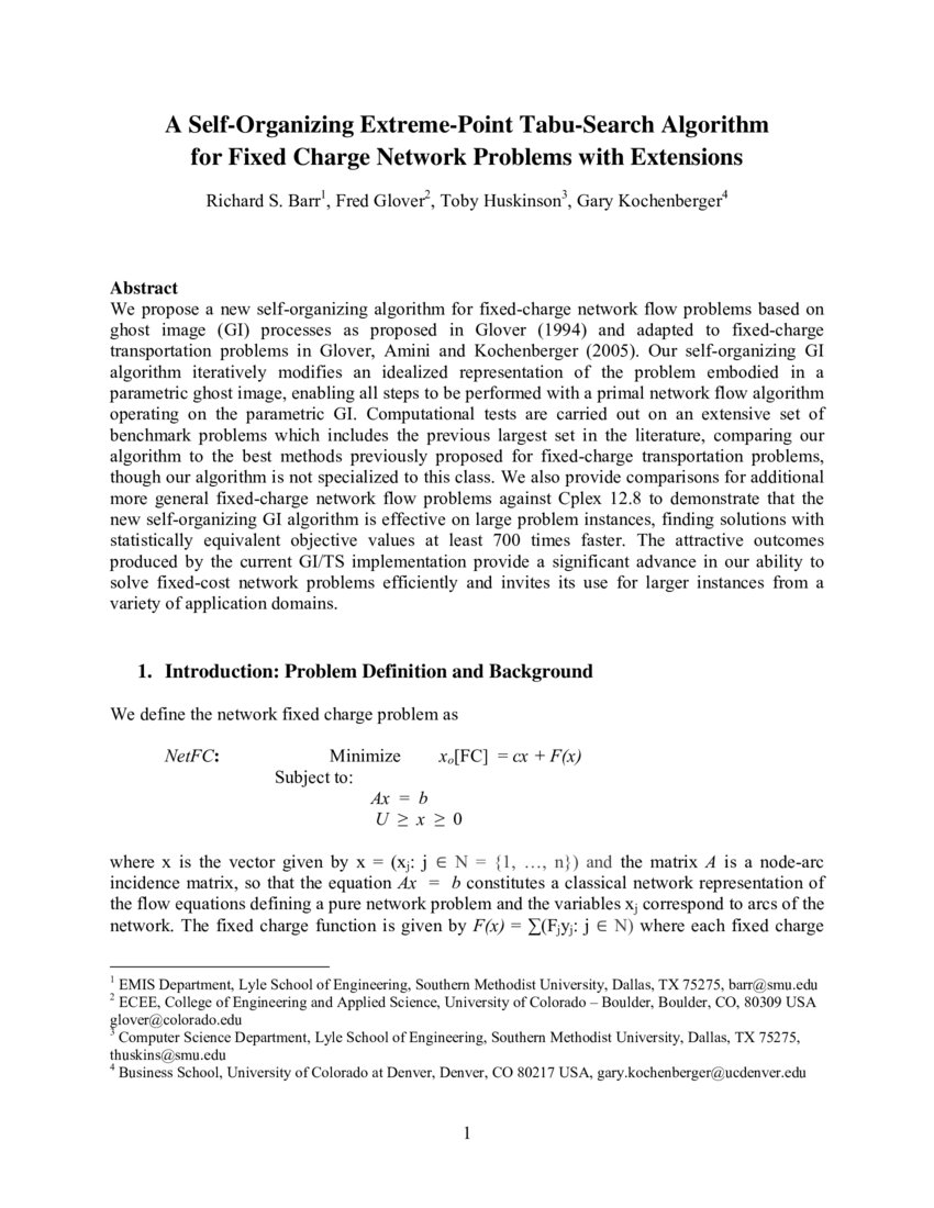 A Self Organizing Extreme Point Tabu Search Algorithm For Fixed Charge Network Problems With 6203