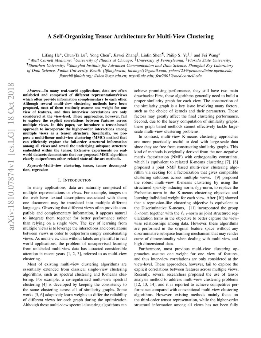 A Self Organizing Tensor Architecture For Multi View Clustering Deepai