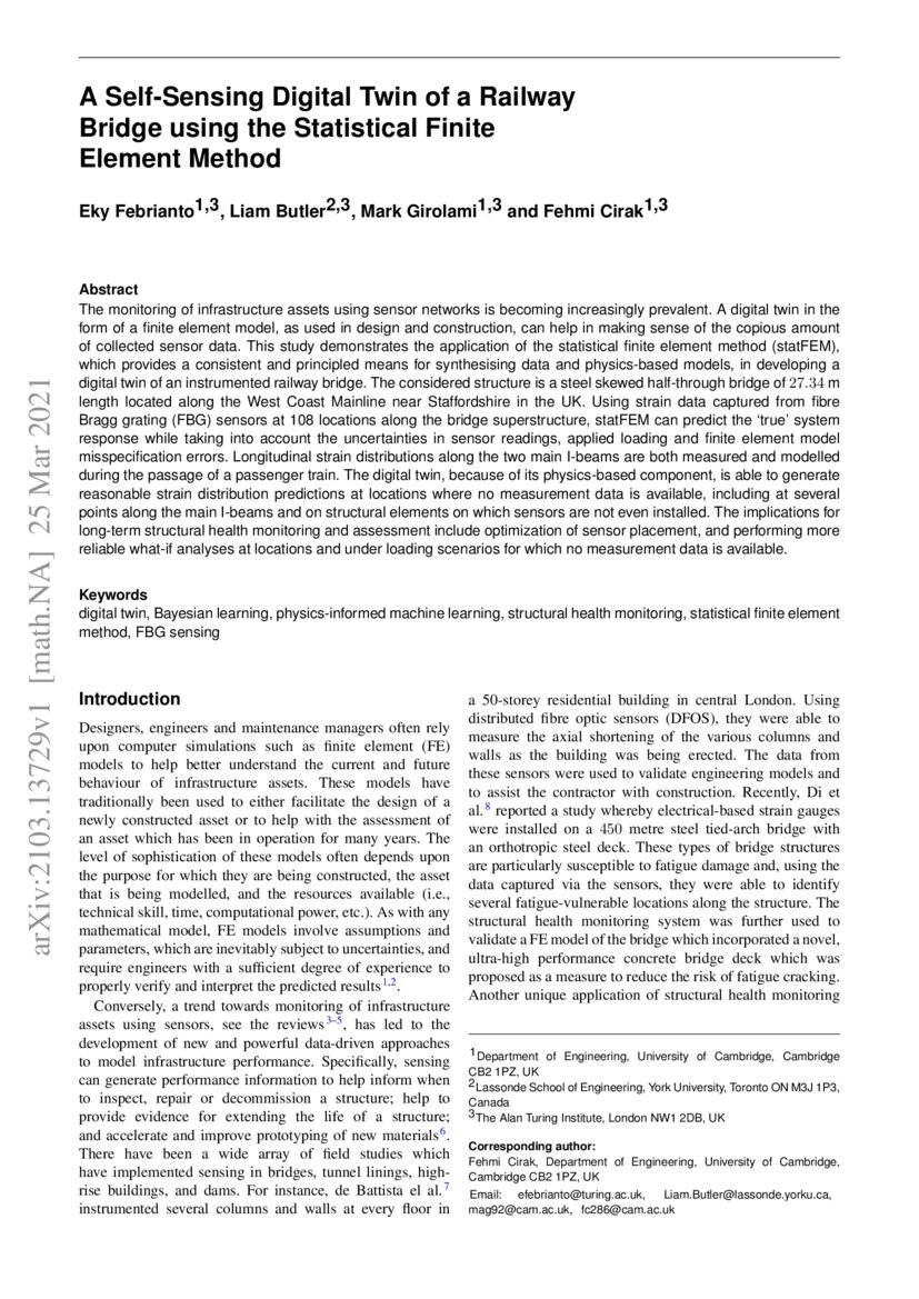 A Self Sensing Digital Twin Of A Railway Bridge Using The Statistical Finite Element Method Deepai