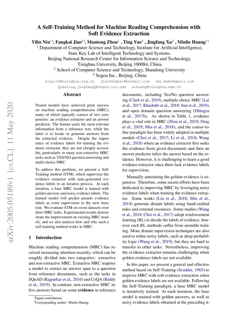 A Self-Training Method for Machine Reading Comprehension with Soft Evidence Extraction | DeepAI