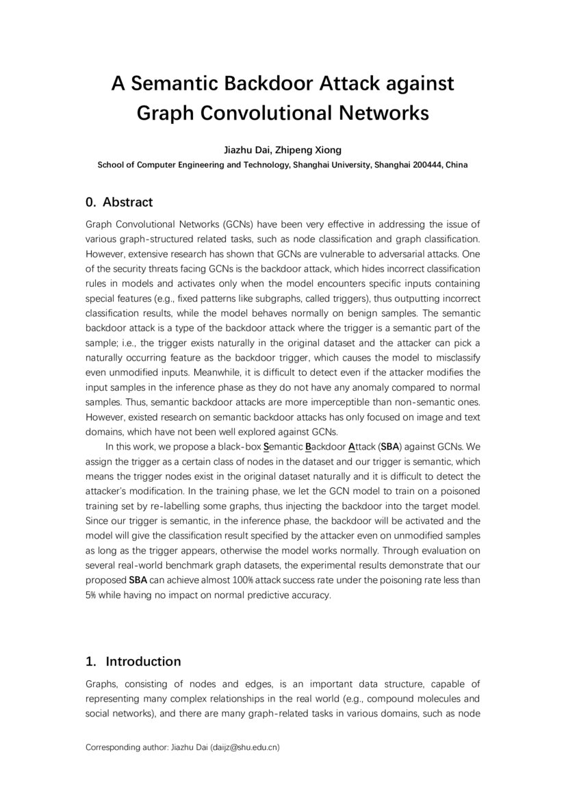A semantic backdoor attack against Graph Convolutional Networks | DeepAI A semantic backdoor attack against Graph Convolutional Networks | DeepAI