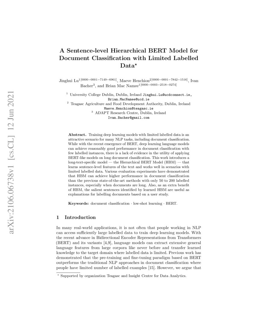 A Sentence-level Hierarchical BERT Model for Document Classification with Limited Labelled Data ...