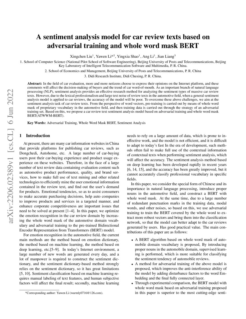 A sentiment analysis model for car review texts based on adversarial ...