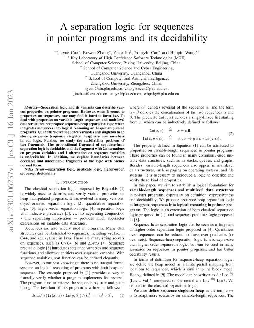 A Separation Logic For Sequences In Pointer Programs And Its 9079