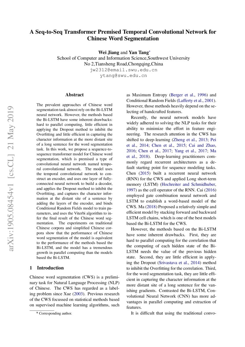 A Seq-to-Seq Transformer Premised Temporal Convolutional Network for Chinese Word Segmentation ...