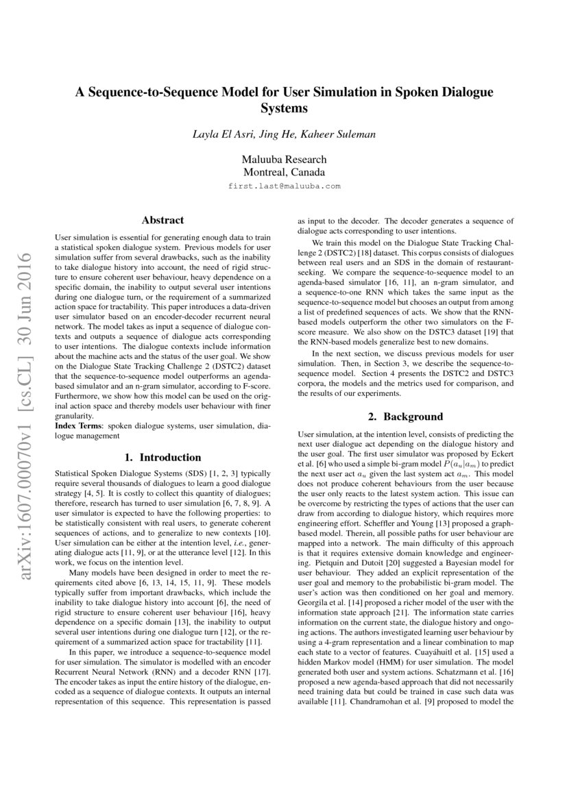 A Sequence To Sequence Model For User Simulation In Spoken Dialogue Systems Deepai 
