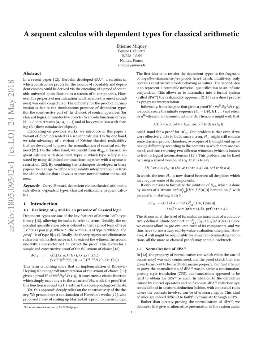 A Sequent Calculus With Dependent Types For Classical Arithmetic Deepai