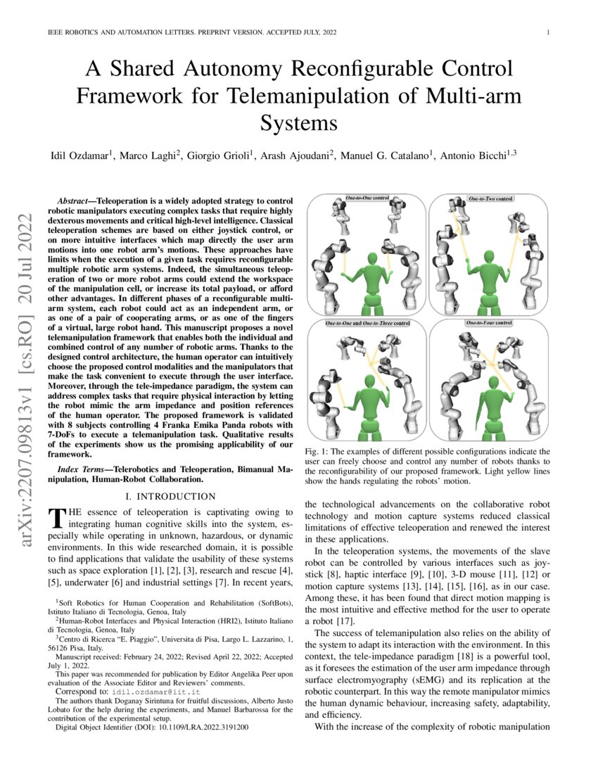 A Shared Autonomy Reconfigurable Control Framework For Telemanipulation Of Multi Arm Systems