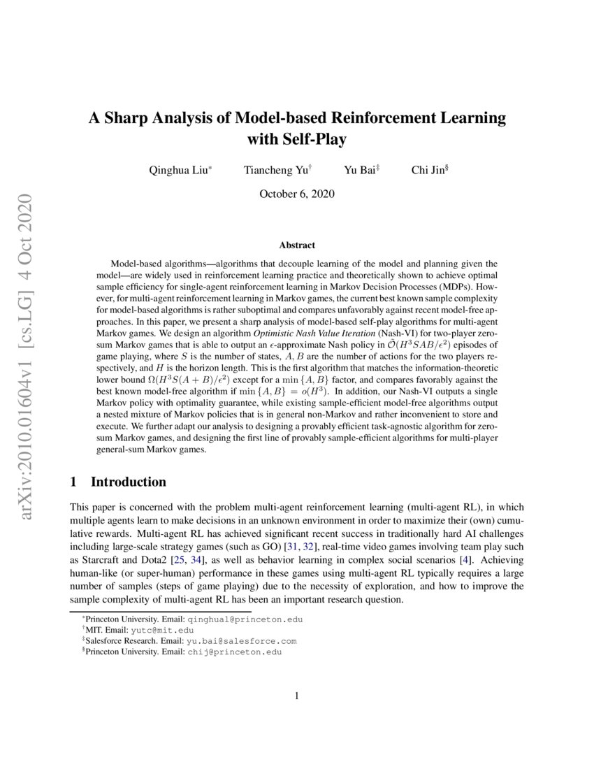 A Sharp Analysis of Model-based Reinforcement Learning with Self-Play | DeepAI