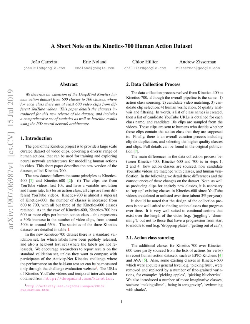 A Short Note on the Kinetics-700 Human Action Dataset | DeepAI