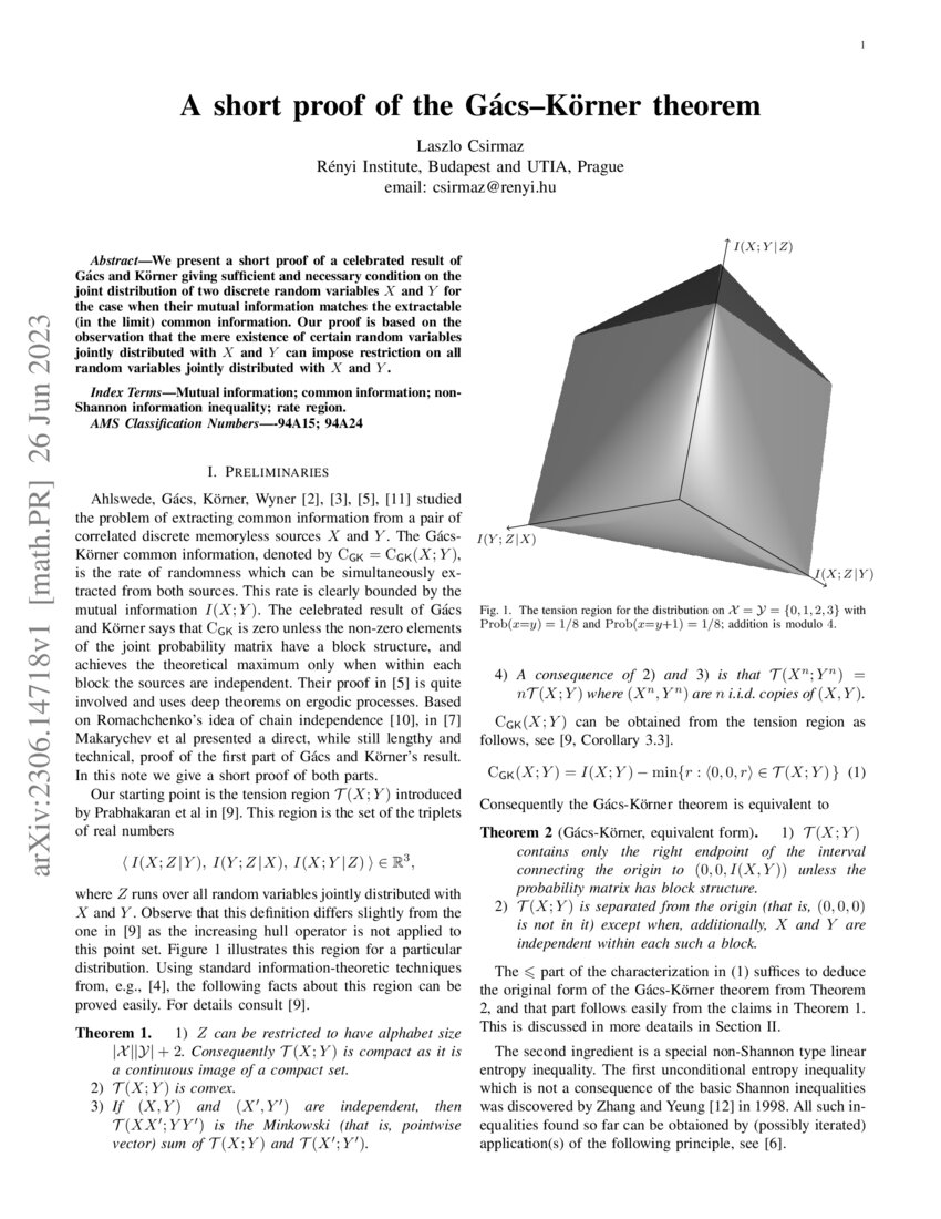 A short proof of the Gács–Körner theorem | DeepAI