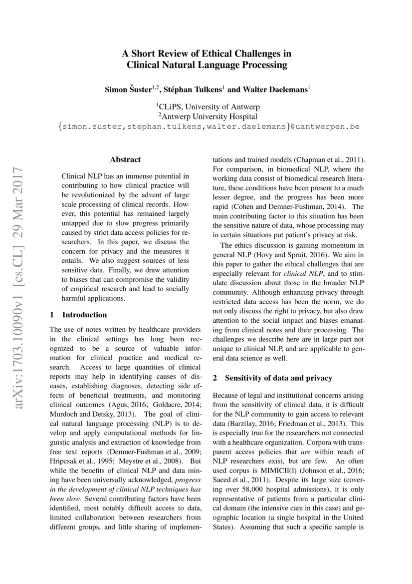 A Short Review of Ethical Challenges in Clinical Natural Language ...