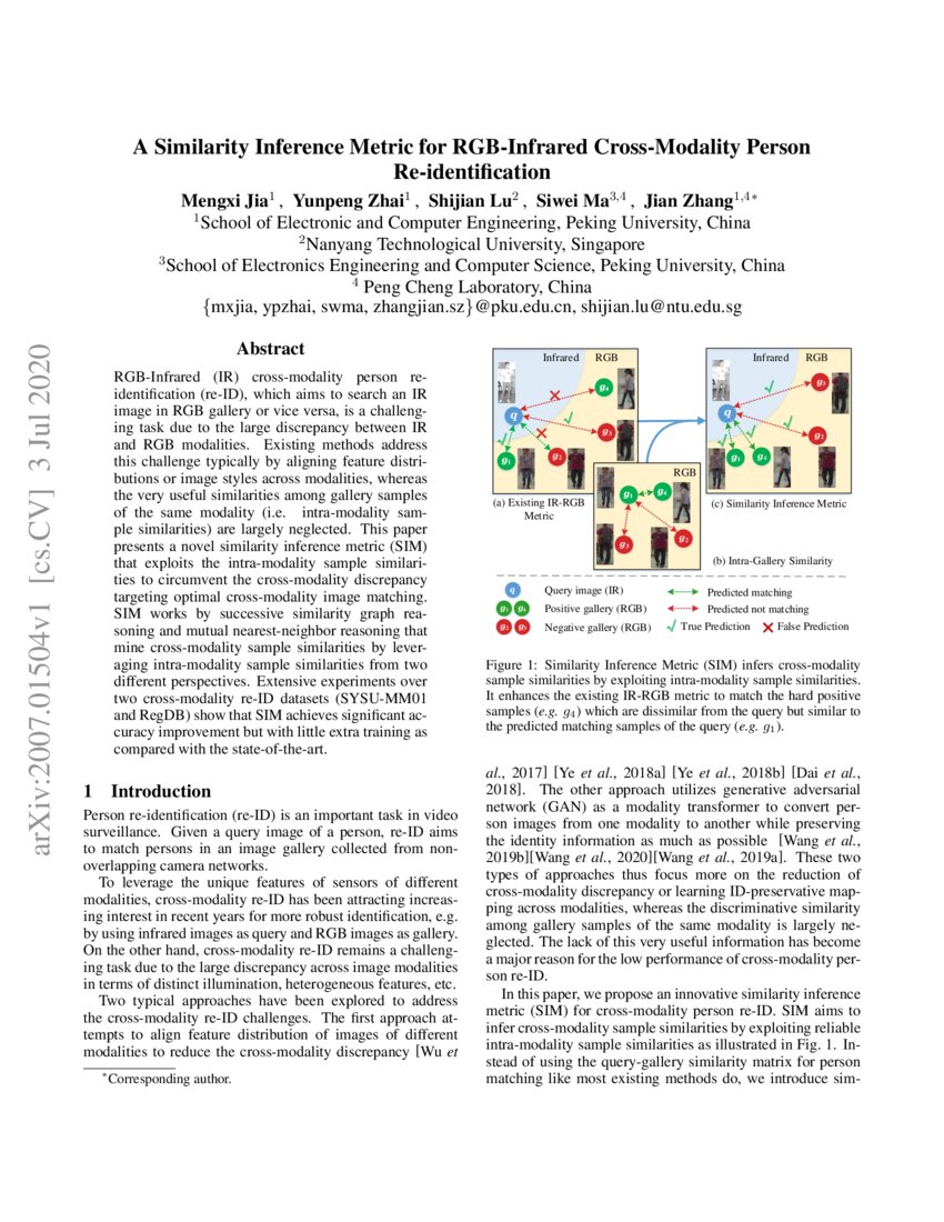 A Similarity Inference Metric For Rgb Infrared Cross Modality Person Re Identification Deepai