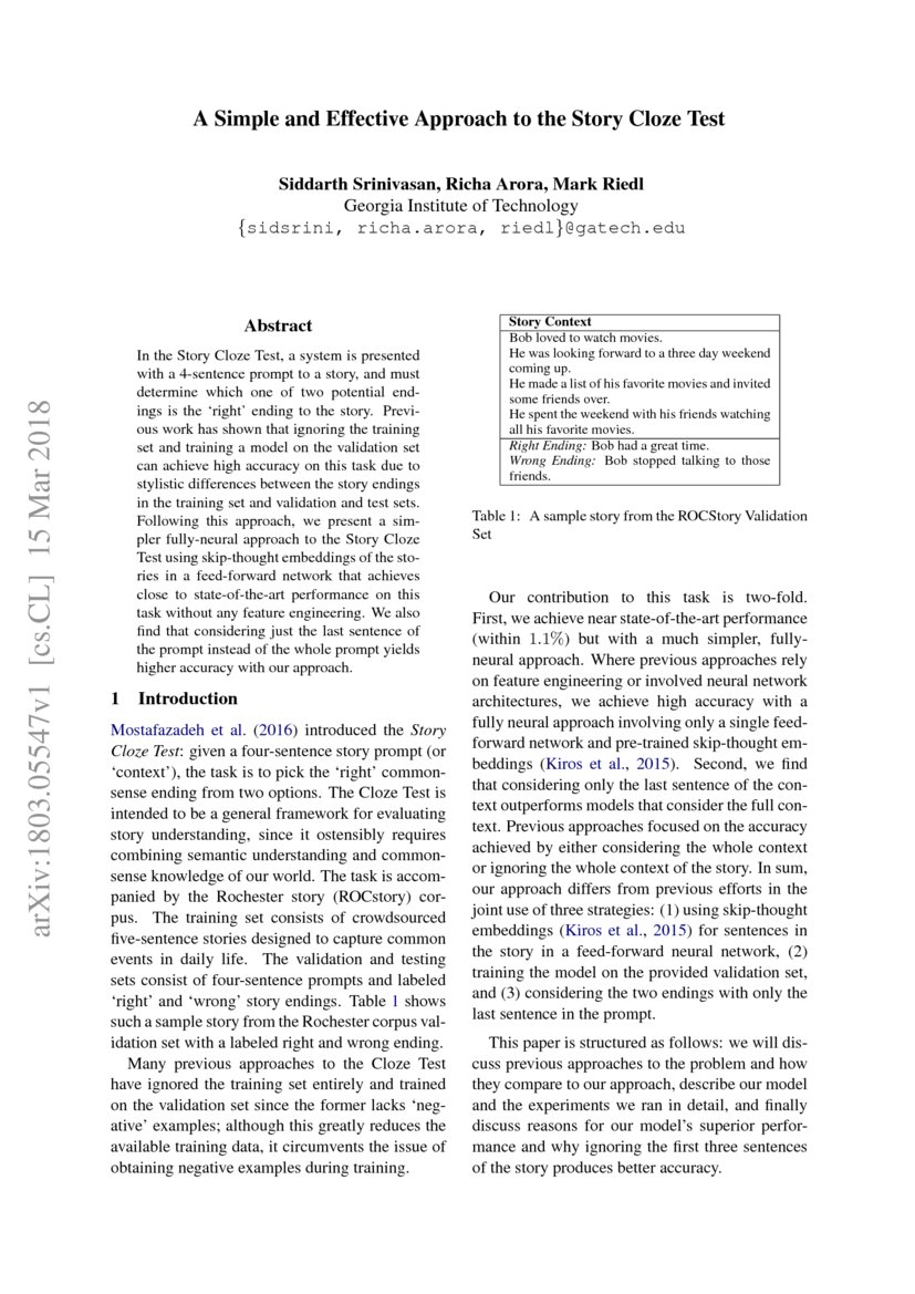 A Simple and Effective Approach to the Story Cloze Test | DeepAI