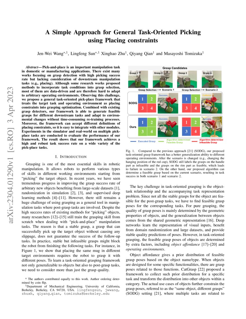 A Simple Approach for General Task-Oriented Picking using Placing constraints | DeepAI