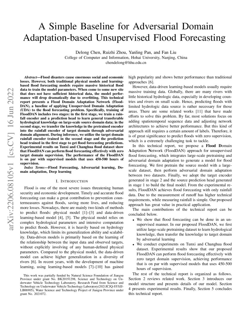 A Simple Baseline for Adversarial Domain Adaptation-based Unsupervised Flood Forecasting | DeepAI