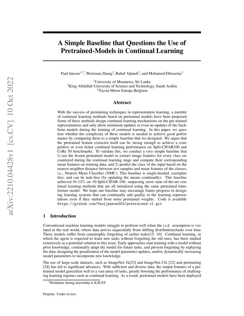 A Simple Baseline that Questions the Use of Pretrained-Models in Continual Learning | DeepAI