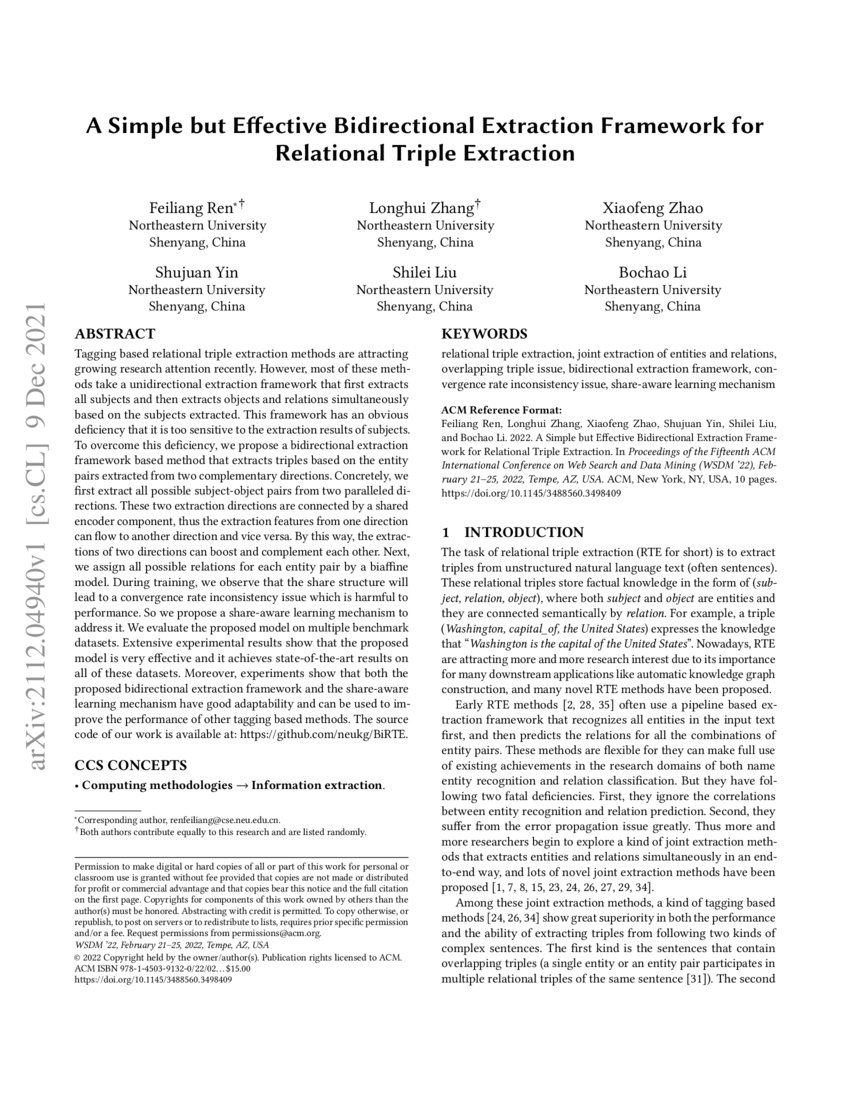 A Simple but Effective Bidirectional Extraction Framework for Relational Triple Extraction | DeepAI