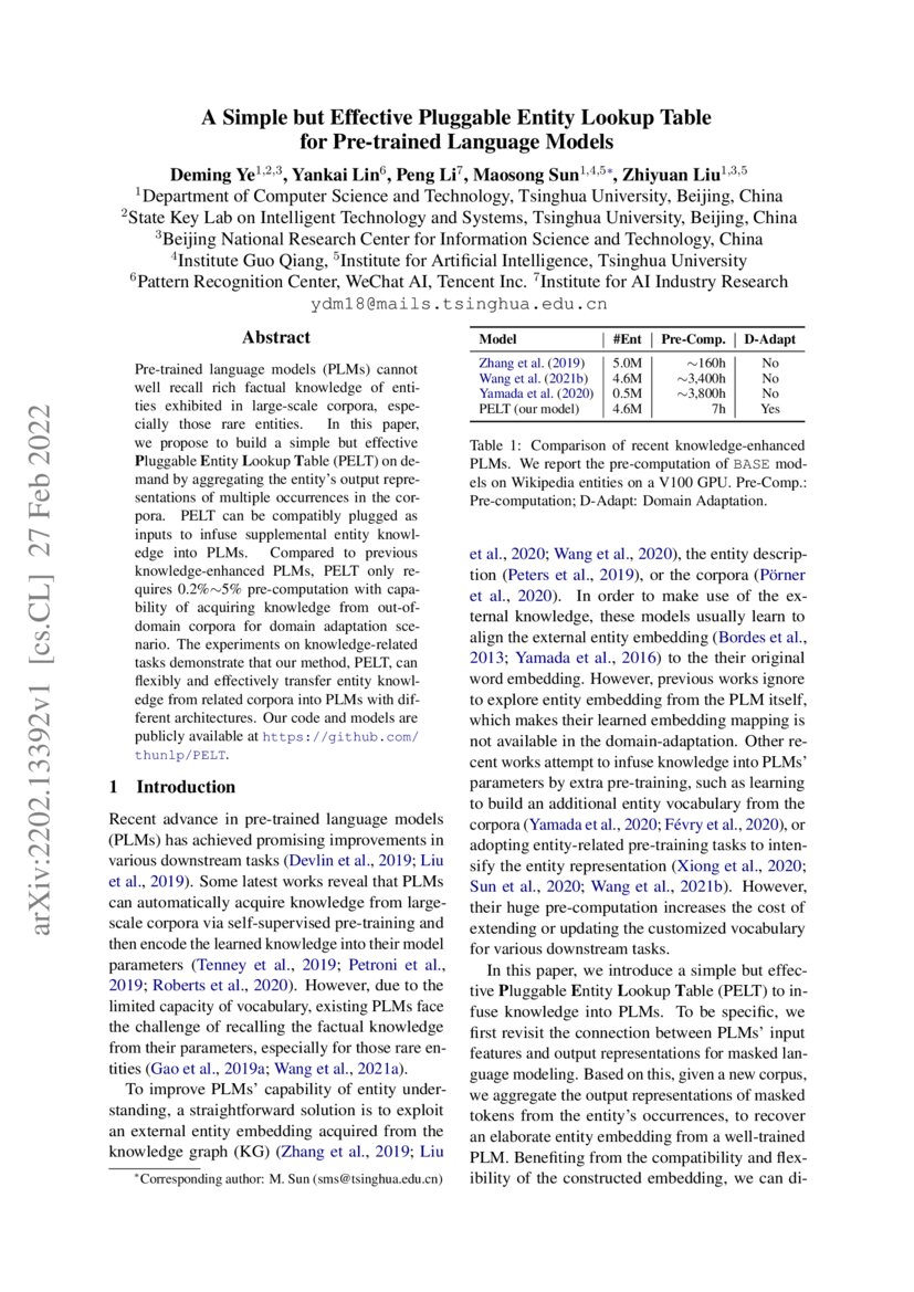 A Simple but Effective Pluggable Entity Lookup Table for Pre-trained Language Models | DeepAI