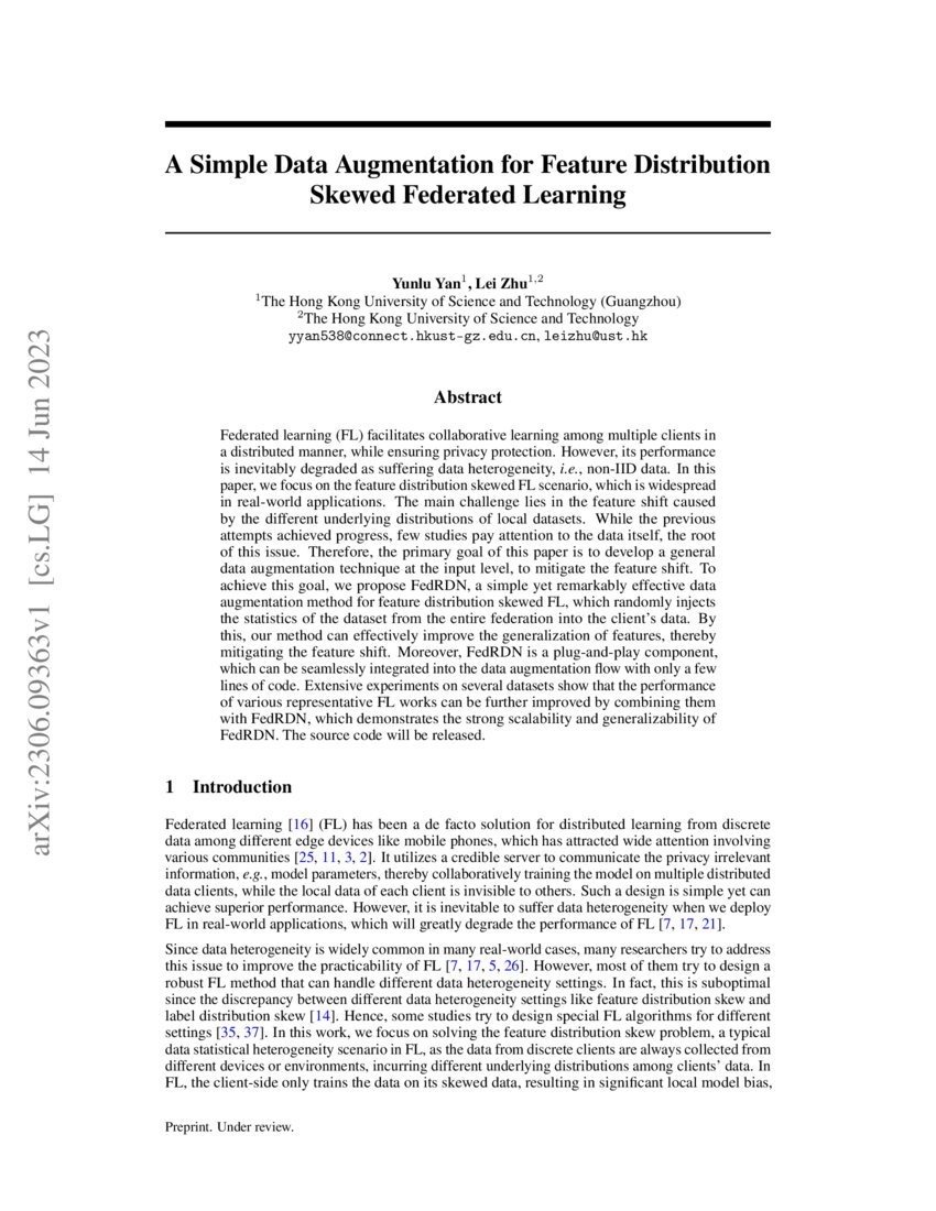 A Simple Data Augmentation for Feature Distribution Skewed Federated Learning | DeepAI