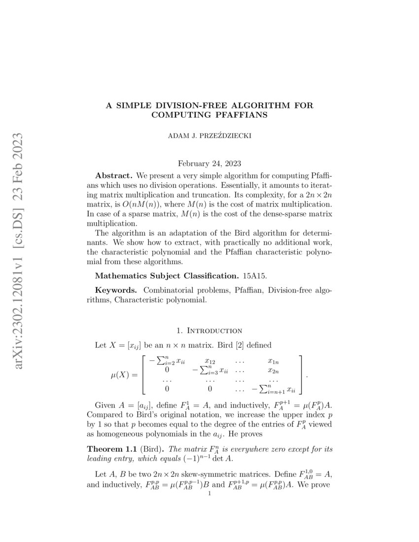 A simple division-free algorithm for computing Pfaffians | DeepAI