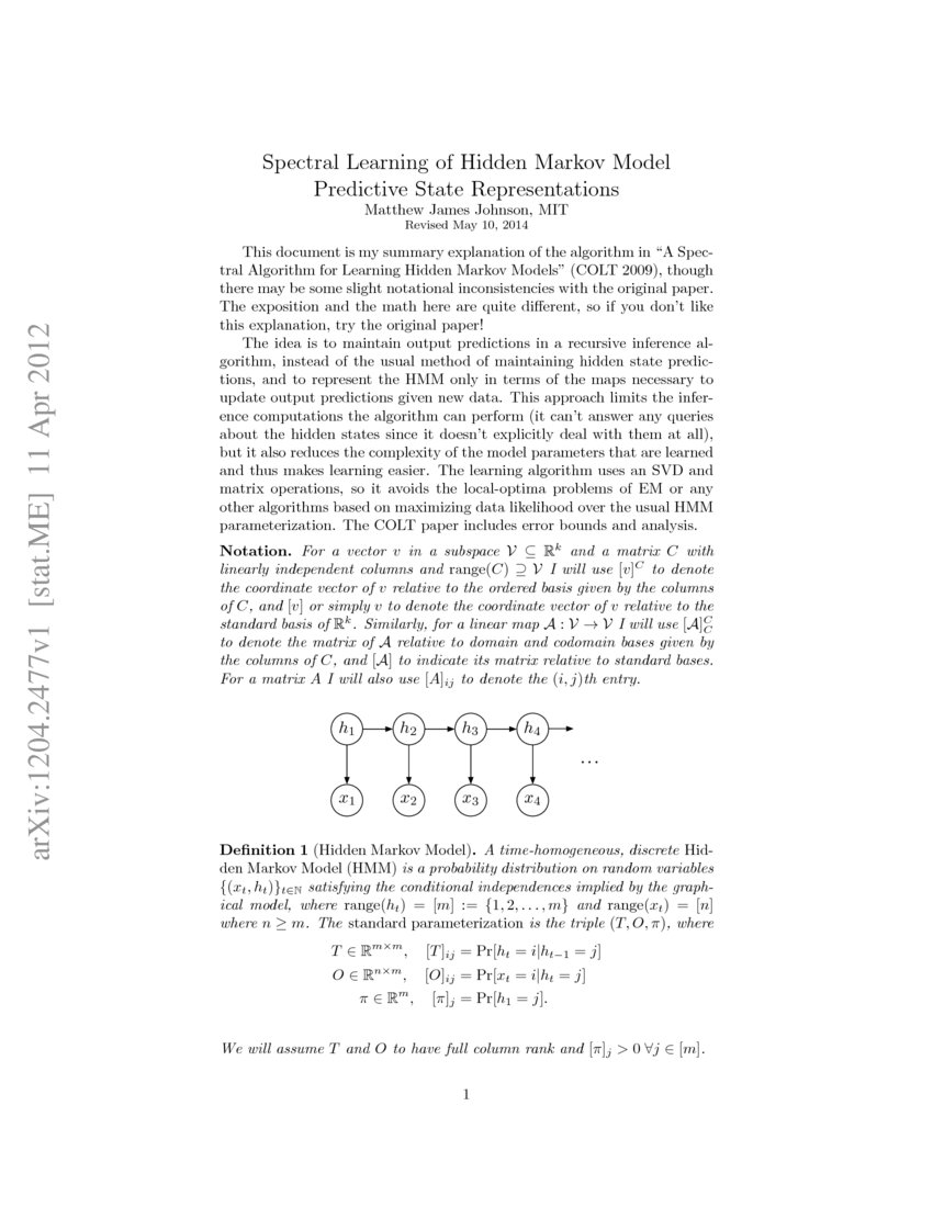 A Simple Explanation Of A Spectral Algorithm For Learning Hidden Markov