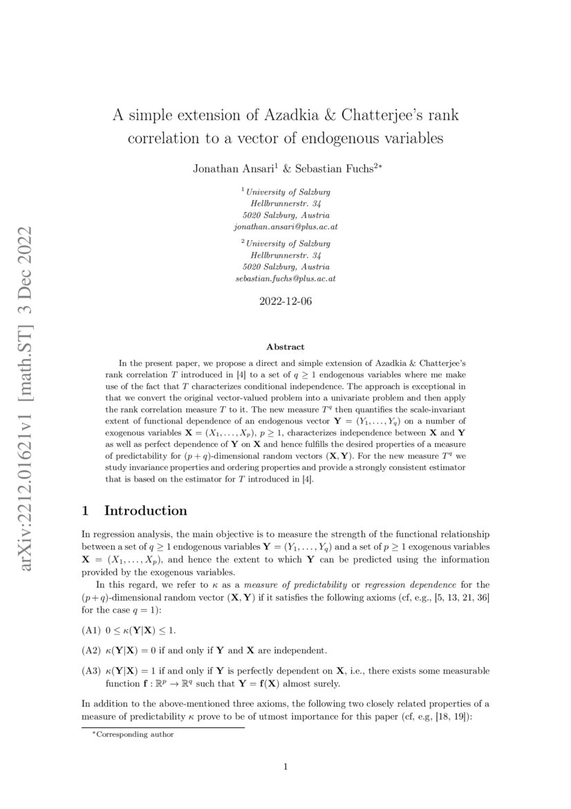 A simple extension of Azadkia & Chatterjee's rank correlation to a vector of endogenous ...