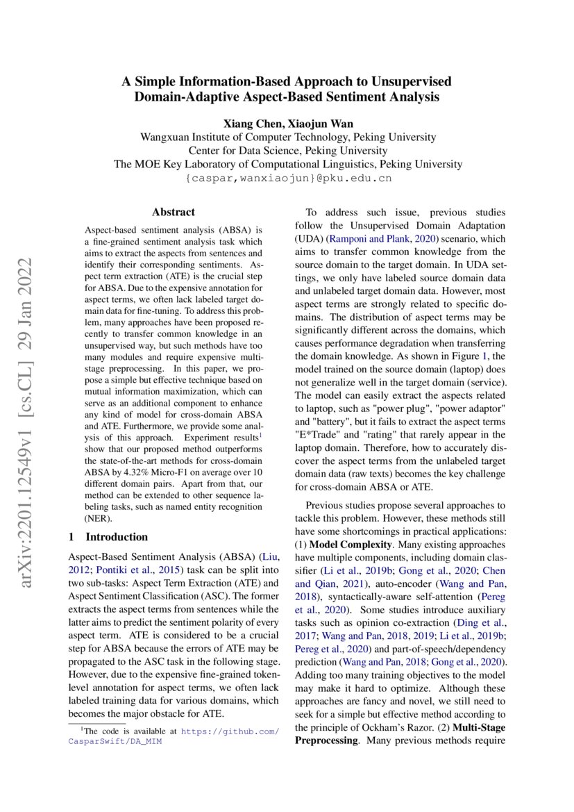 A Simple Information Based Approach To Unsupervised Domain Adaptive Aspect Based Sentiment