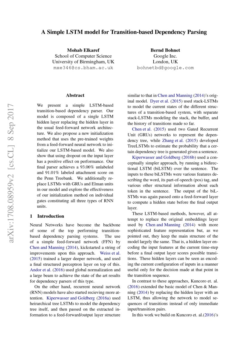 A Simple Lstm Model For Transition Based Dependency Parsing Deepai