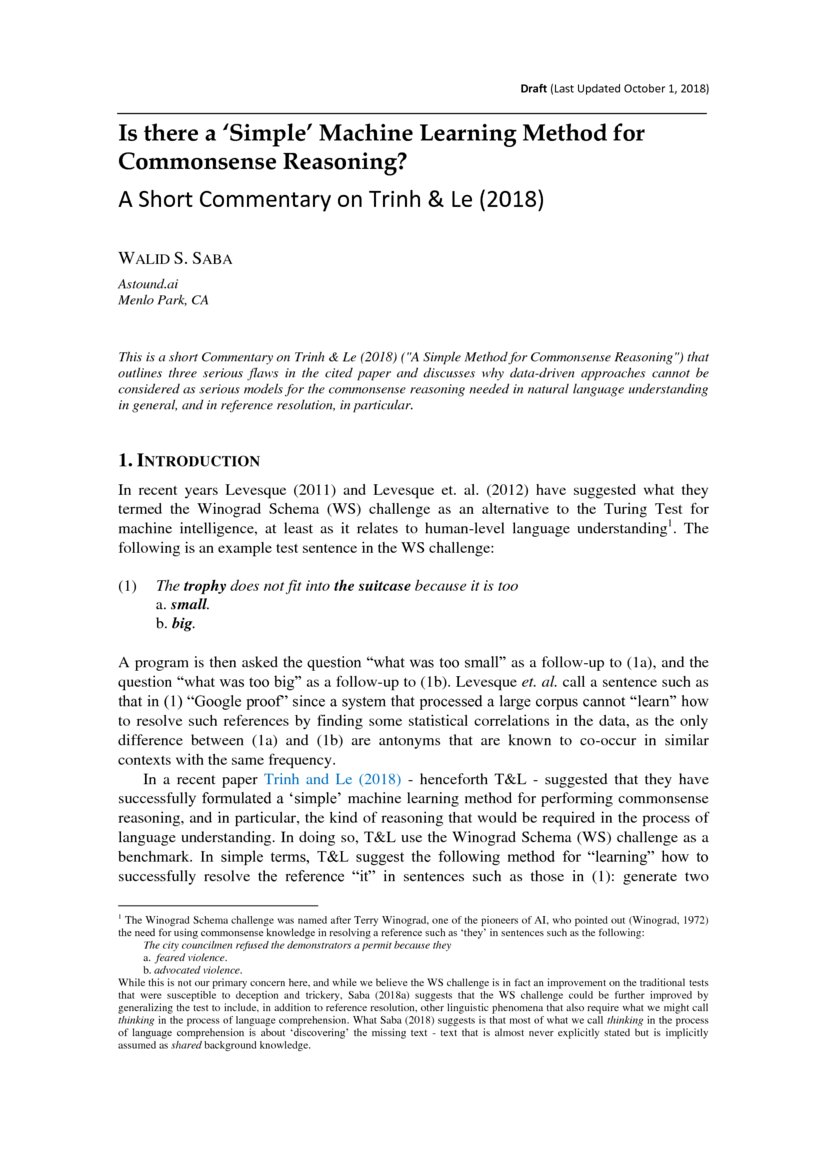 A Simple Machine Learning Method For Commonsense Reasoning A Short