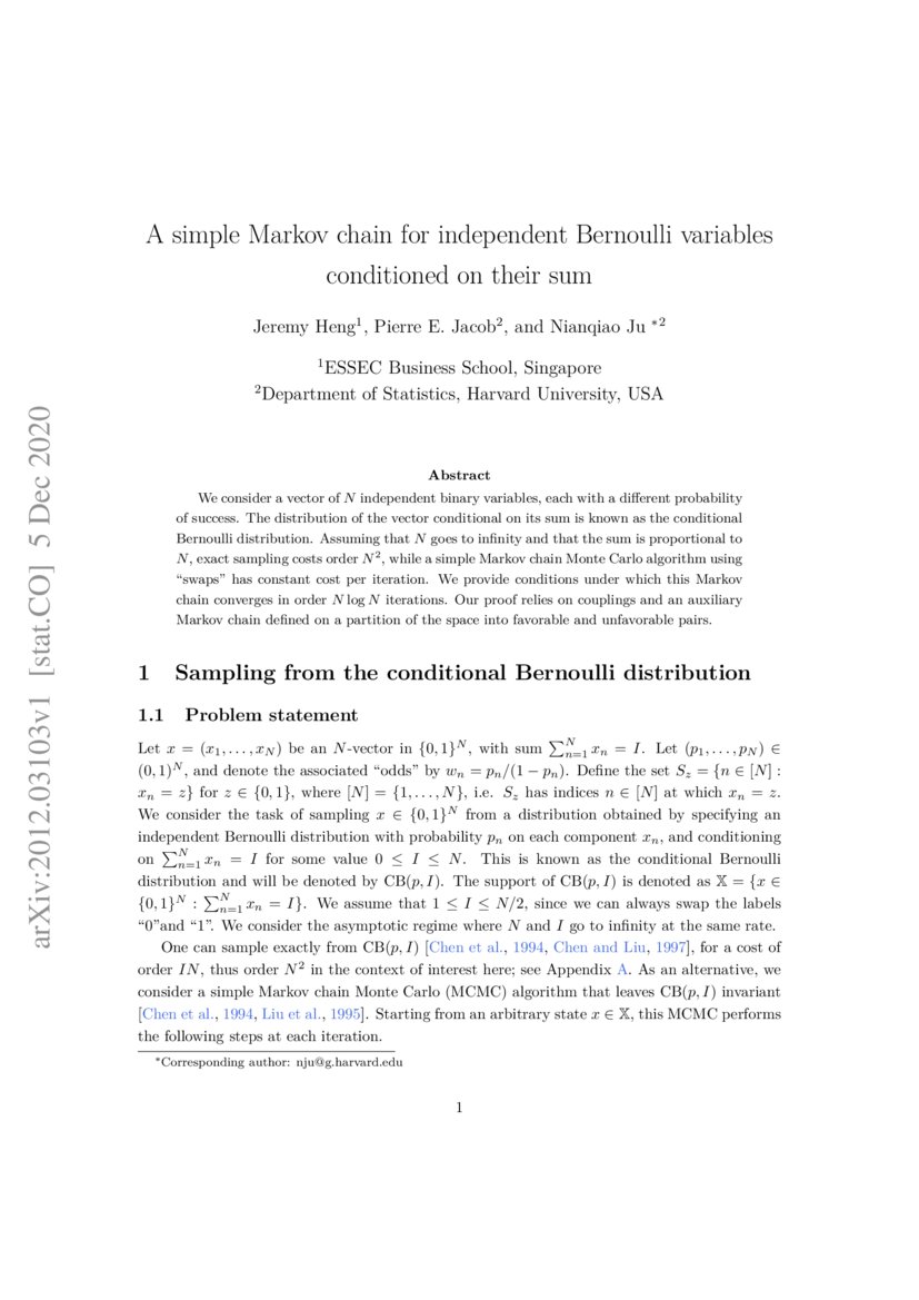 A simple Markov chain for independent Bernoulli variables conditioned on their sum | DeepAI