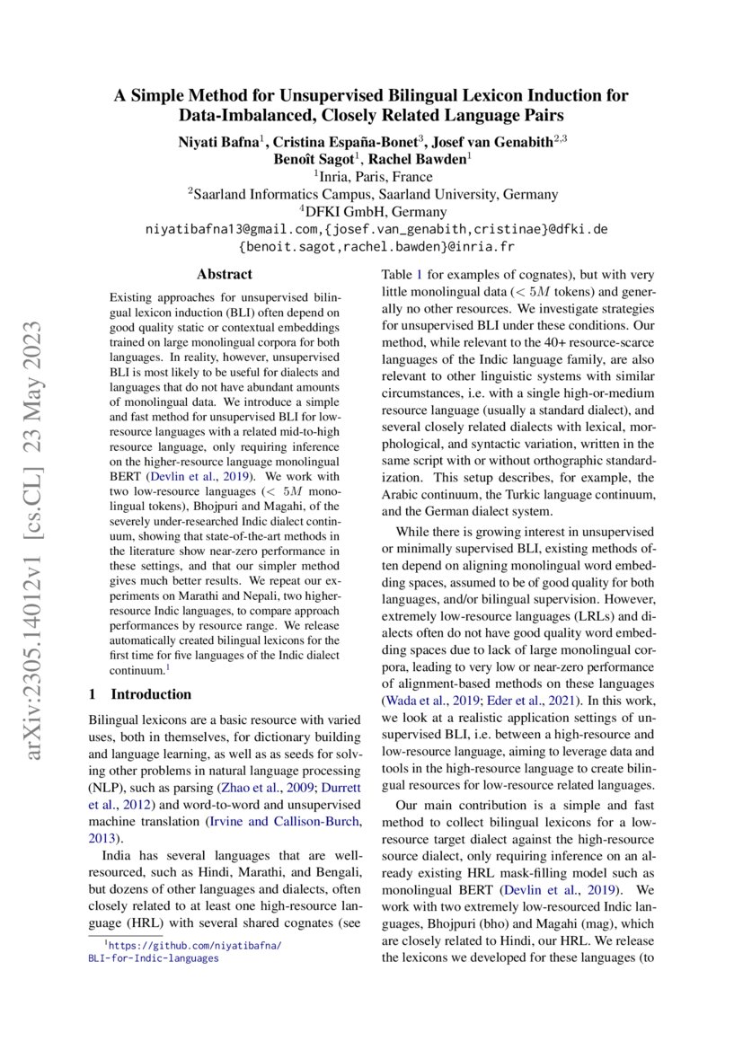 A Simple Method For Unsupervised Bilingual Lexicon Induction For Data Imbalanced Closely