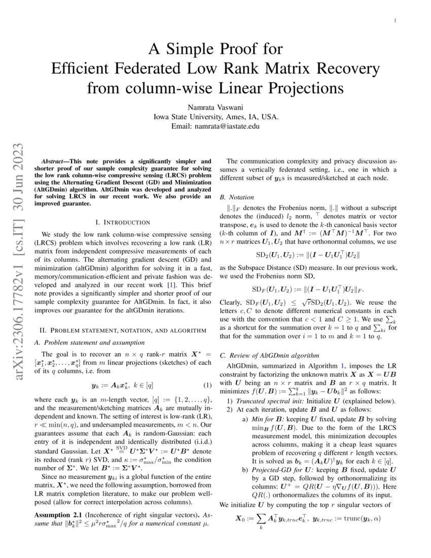 A Simple Proof For Efficient Federated Low Rank Matrix Recovery From Column Wise Linear 