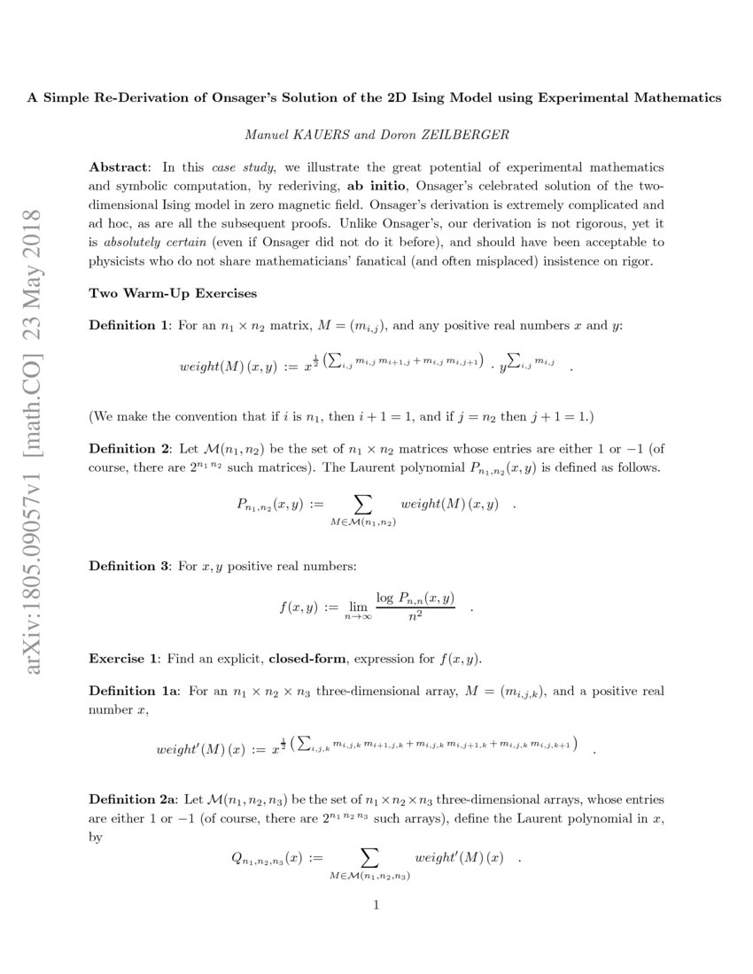 A Simple Re-Derivation of Onsager's Solution of the 2D Ising Model using Experimental ...