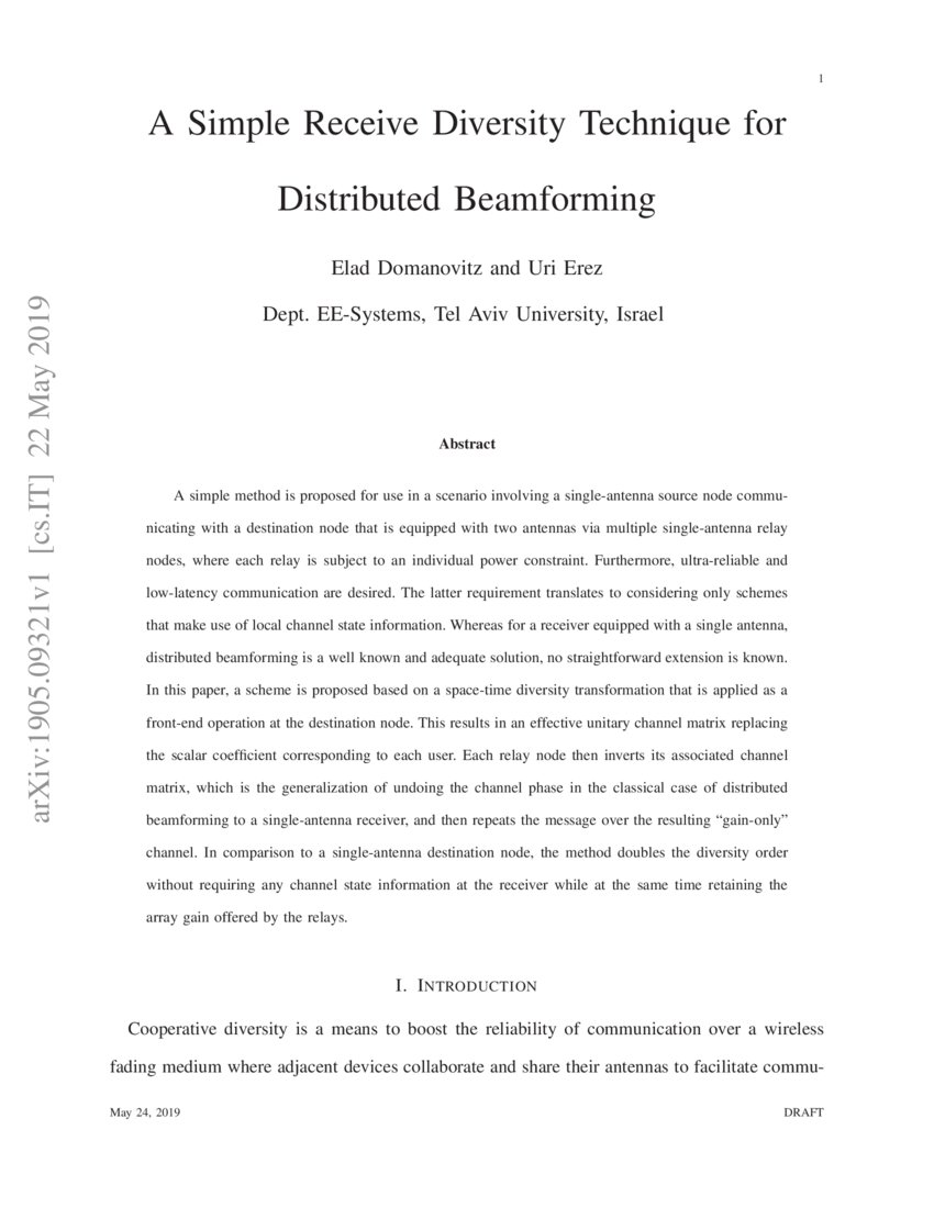 A Simple Receive Diversity Technique for Distributed Beamforming | DeepAI