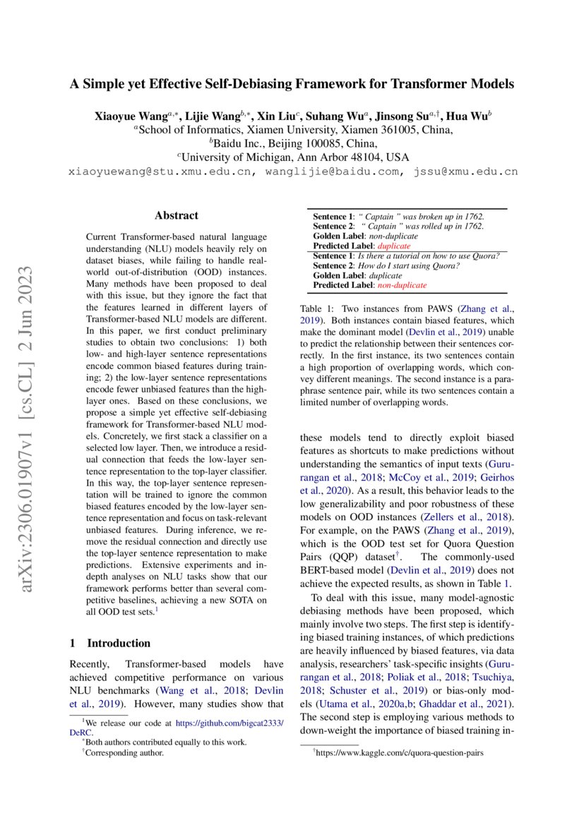 A Simple yet Effective Self-Debiasing Framework for Transformer Models | DeepAI