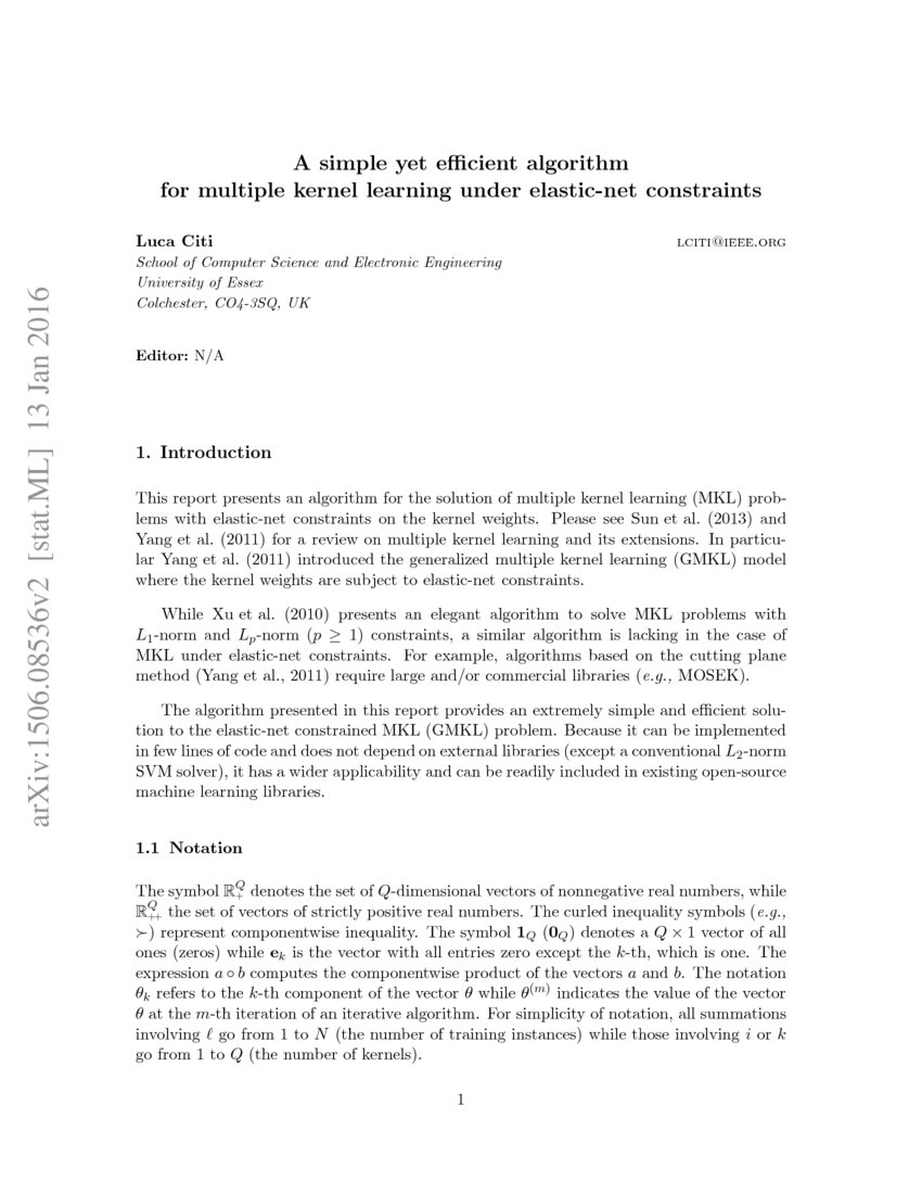 A Simple Yet Efficient Algorithm For Multiple Kernel Learning Under Elastic Net Constraints Deepai