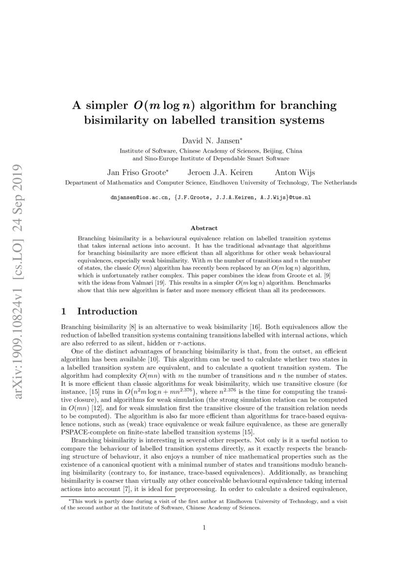 A simpler O(m log n) algorithm for branching bisimilarity on labelled transition systems | DeepAI