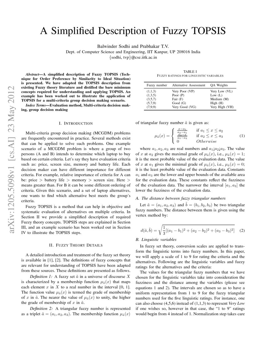 A Simplified Description of Fuzzy TOPSIS | DeepAI