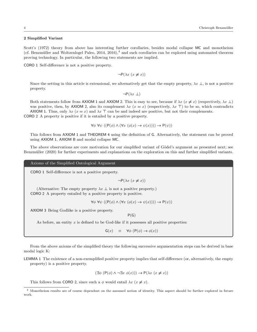 A Simplified Variant of Gödel's Ontological Argument | DeepAI