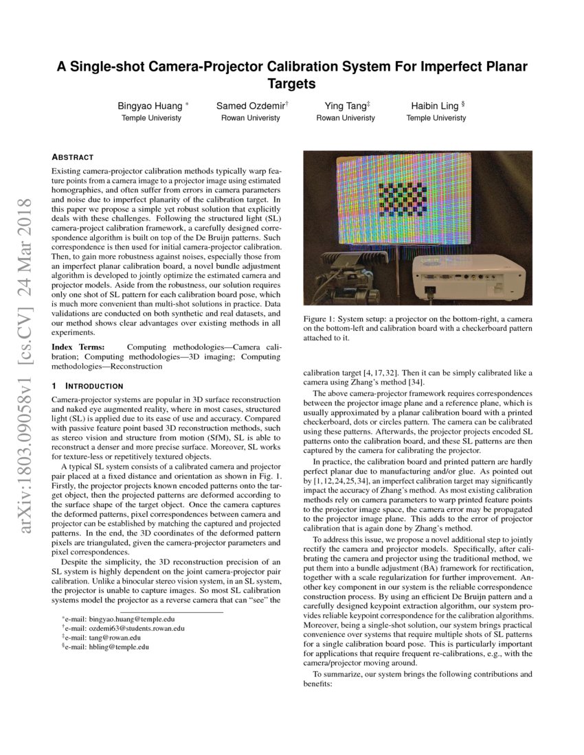 A Single Shot Camera Projector Calibration System For Imperfect Planar
