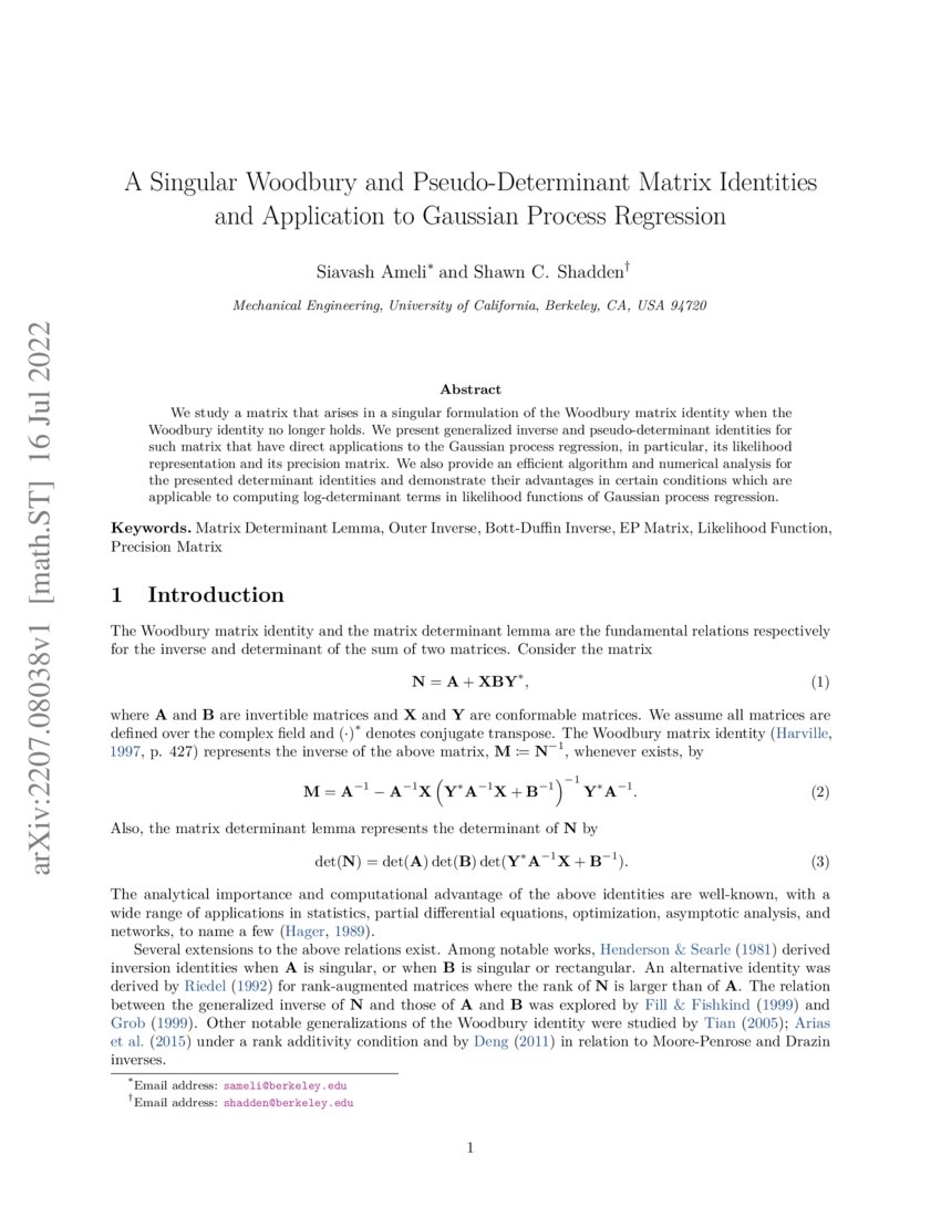 A Singular Woodbury and Pseudo-Determinant Matrix Identities and ...