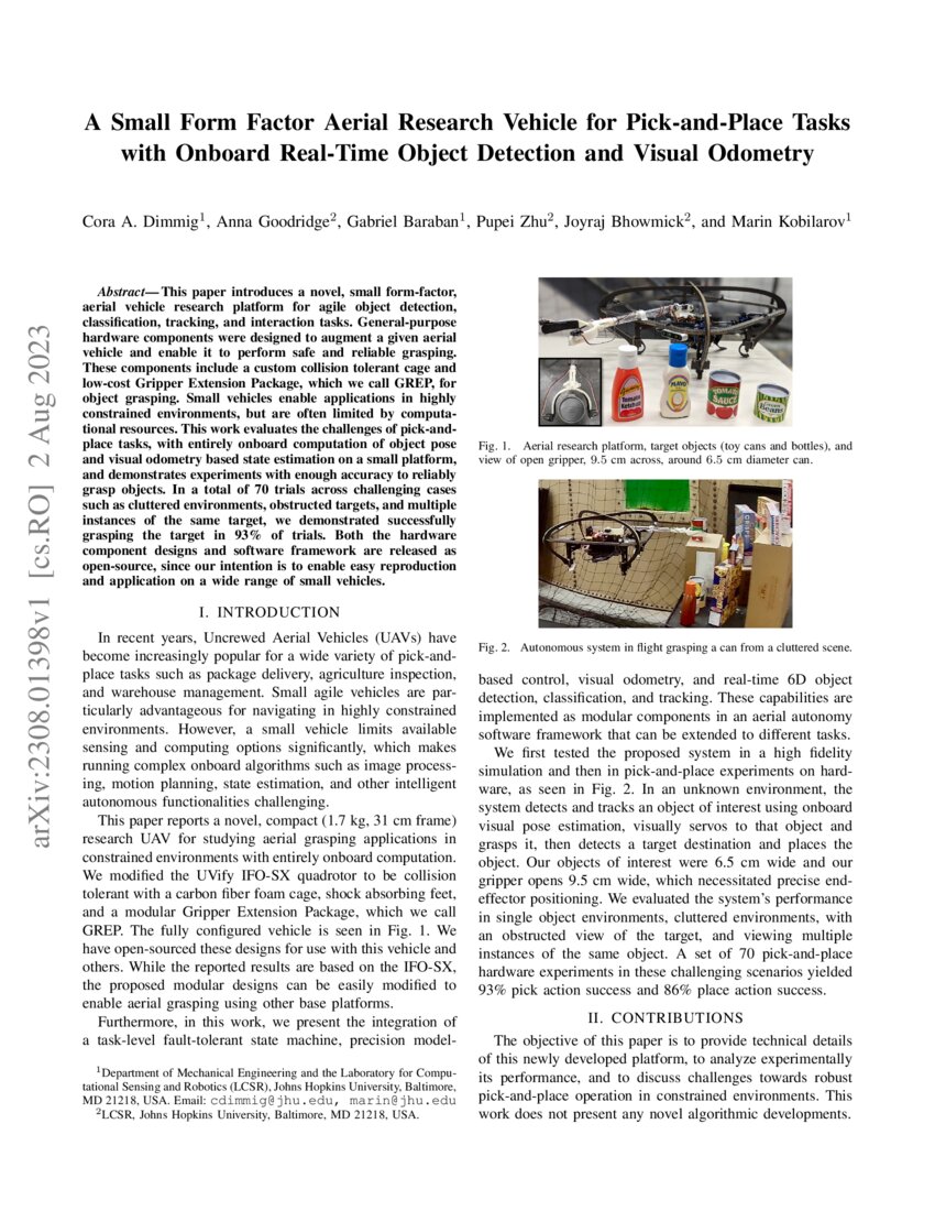 A Small Form Factor Aerial Research Vehicle for Pick-and-Place Tasks ...