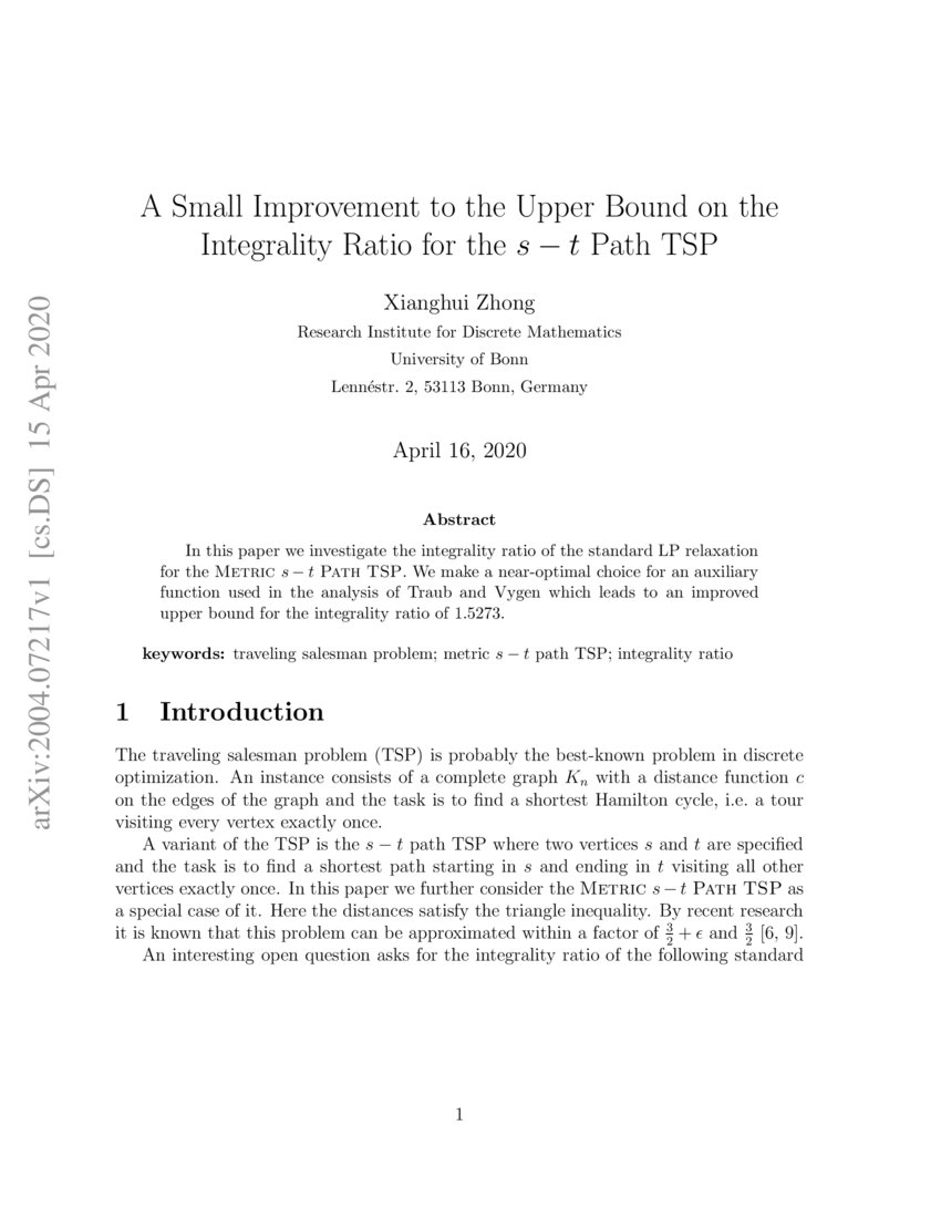 A Small Improvement to the Upper Bound on the Integrality Ratio for the s-t Path TSP | DeepAI