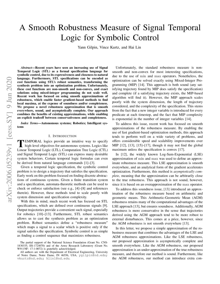 A Smooth Robustness Measure Of Signal Temporal Logic For Symbolic Control Deepai